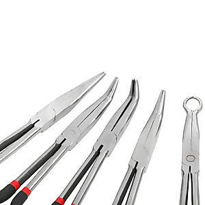 Amarine Made Long Needle Nose Pliers Set 11-inch Pliers 5-piece Set Nipper Bent Nose, Duckbill Pliers,End Cutting, Diagonal, Plug Cable Puller Reach Flat,45,90 Degree Angle, Straight,Curved Pliers