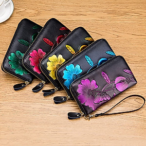 TIANHONGDAISHU Women RFID Blocking Genuine Leather Wallet Hand Painted Flowers Ladies Wristlet Wrist Strap Long Purse Large Capacity Multi-Slots Card Case Zipper Coin Pocket, Blue Bauhinia, M, Modern