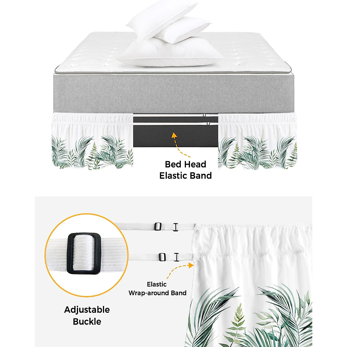 Tropical Bed Skirt Cal King Size 16 Inch Drop,Adjustable Elastic Wrap Around Bed Skirts Pleated Luxury Dust Ruffles for Twin Full Queen Cal King Bed,Country Rustic Green Palm Tree Leaves Eucalyptus