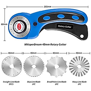 WhisperDream 45mm Rotary Cutter Set - Blue Rotary Cutter Kit including 45mm Rotary Cutter for Fabric, 8 Replacement Blades, A3 Cutting Mat, 9 inch Sewing Scissors, Ruler, Clips and Tape Measure
