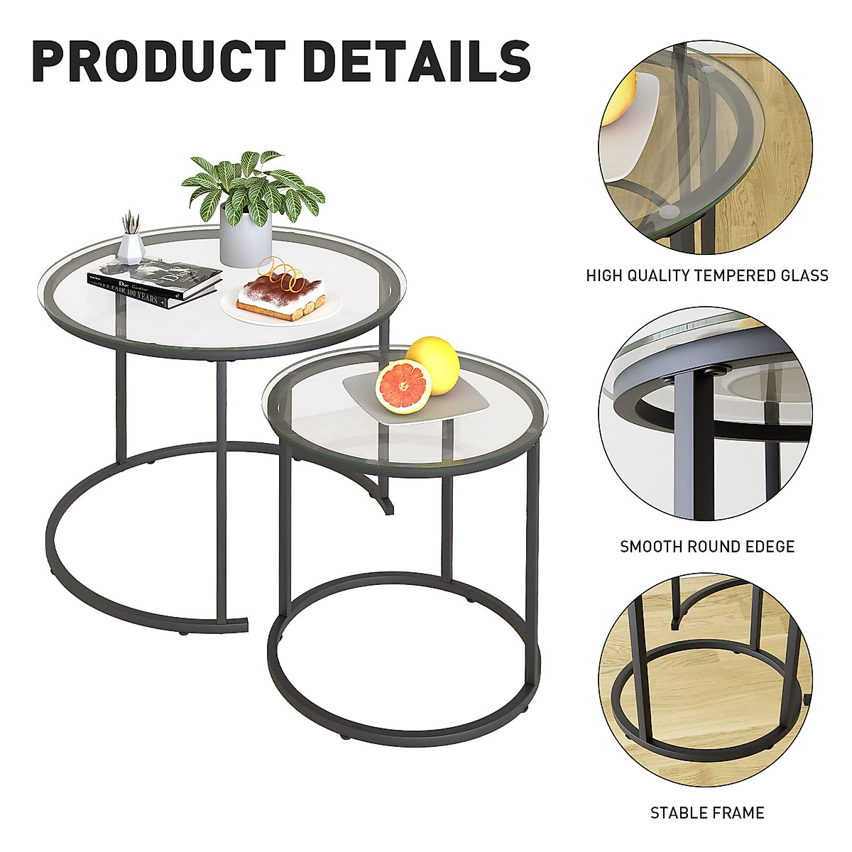 Azheruol Nesting Coffee Table Set of 2,Modern Black Tempered Glass Side Table, Metal Frame Round End Table.Small Glass Tea Table for Living Room,Bedroom Studio Apartment Essentials，17.7IN