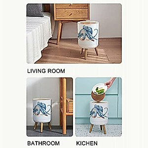 IBPNKFAZ89 Small Trash Can with Lid Watercolor Hand Drawn of Octopus in Blue Color Isolated on White Garbage Bin Wood Waste Bin Press Cover Round Wastebasket for Bathroom Bedroom Office Kitchen