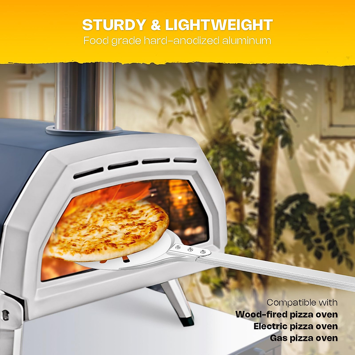 TUVOLLZ Pizza Turning Peel 8-inch, Hard-anodized Aluminum Pizza Turner Peel Long Handle, Lightweight Perforated Turning Pizza Peel Spinner, Pizza Oven Accessories