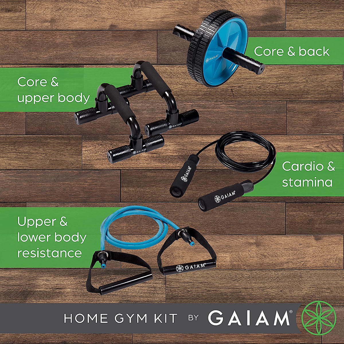 Gaiam Home Gym Kit Equipment Set for Men and Women - Includes Ab Wheel, Jump Rope, Push-Up Bars, Resistance Band with Handles, and Complimentary Exercise Guide - for Total Body Workout at Home