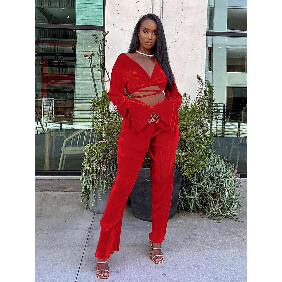 Women Boho 2 Piece Casual Outfit Long Sleeve Tie Front Cardigans Wide Leg Pants Tracksuit Set Red