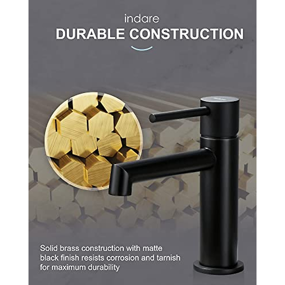 Bathroom Faucet, Indare Single Hole Brass Matte Black Bathroom Faucet with Pop-up Sink Drain Assembly and Faucet Supply Hose
