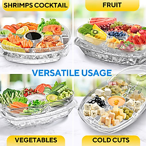 Premium Chilled Serving Tray for Parties - 15" Ice Chilled Party Platter w/Lid & Dip Holder - Functional Cold Dish w/ 4 Compartments - Perfect for Fruits, Veggies, Shrimp Cocktail - Keeps Food Cool