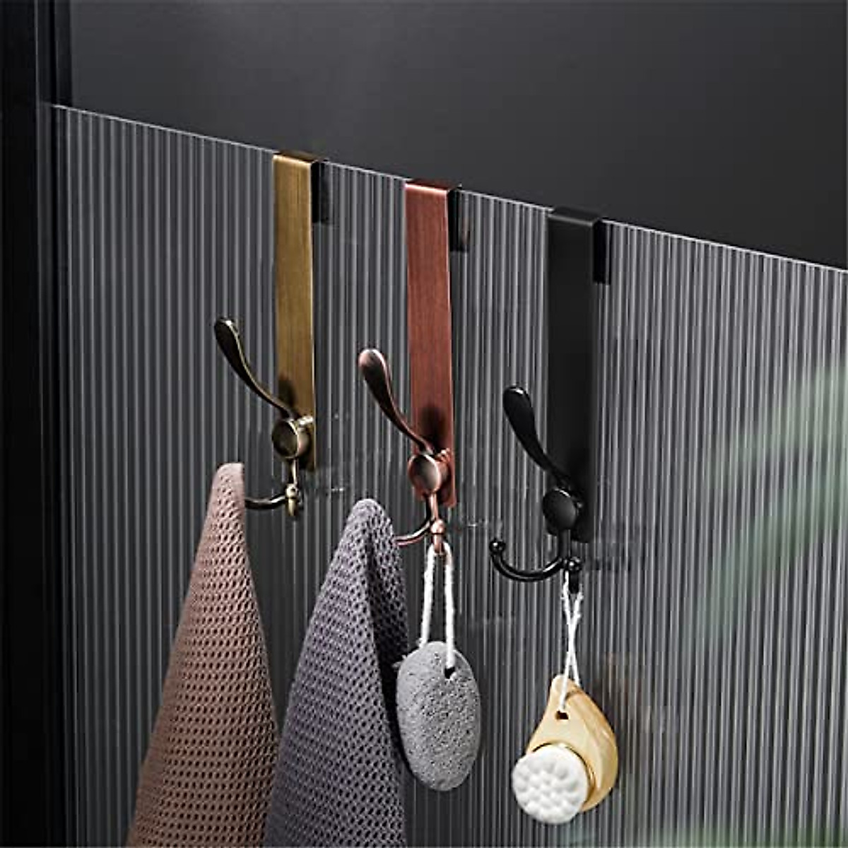 Flybath Shower Glass Door Hooks 2 Pack 304 Stainless Steel Antique Extended Robe Towel Hook Rack Over Glass Door Hooks Frameless Drilling-Free Hanger for Bathroom, Brushed Bronze