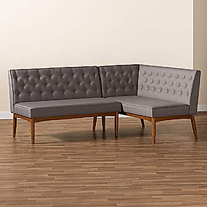 Baxton Studio Riordan Mid-Century Modern Grey Fabric Upholstered and Walnut Brown Finished Wood 2-Piece Dining Nook Banquette Set