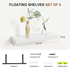 Bellsal Floating Shelves for Wall, White Engineered Wood Wall Shelf Set of 4, 16" Wall Mounted Floating Shelf for Kitchen, Living Room, Bedroom, Bathroom Storage, Book Shelf for Wall Home Decor
