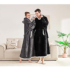 Touchat Wearable Blanket Hoodie, Flannel Sherpa Fleece Hooded Blanket, Oversized Hoodie for Adults Women Men, Sweatshirt Blanket with Hood, Pocket & Sleeves,Gifts for Wife,Mom,One Size Fits All（Grey）