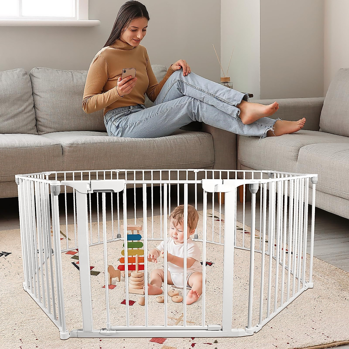 Patywaga Baby Gate Extra Wide with 8 Metal Pannels,Extra Long Dog Gate Pet Gate or Used to Stairs Doorways Fireplace Fence,3-in-1 Baby Gate Playpen,Child Safety Gate and Safety Barrier