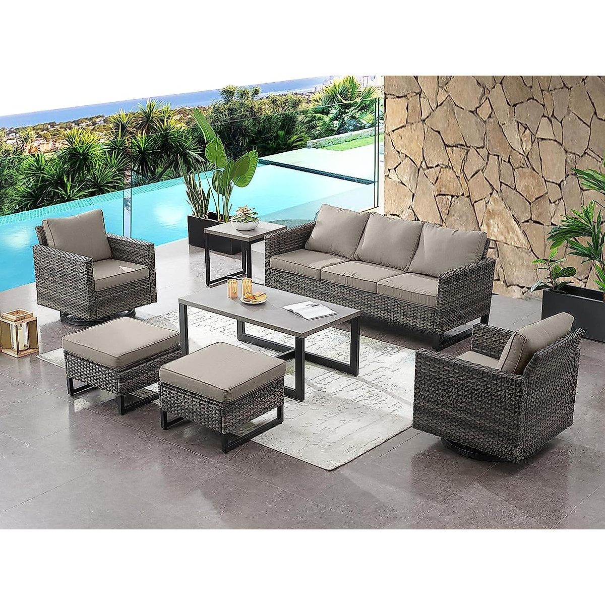 HUMMUH 3-Piece Patio Swivel Chairs,PE Wicker Outdoor Rocking Chairs Bistro Set with Side Table Porch Balcony Furniture with Cushions