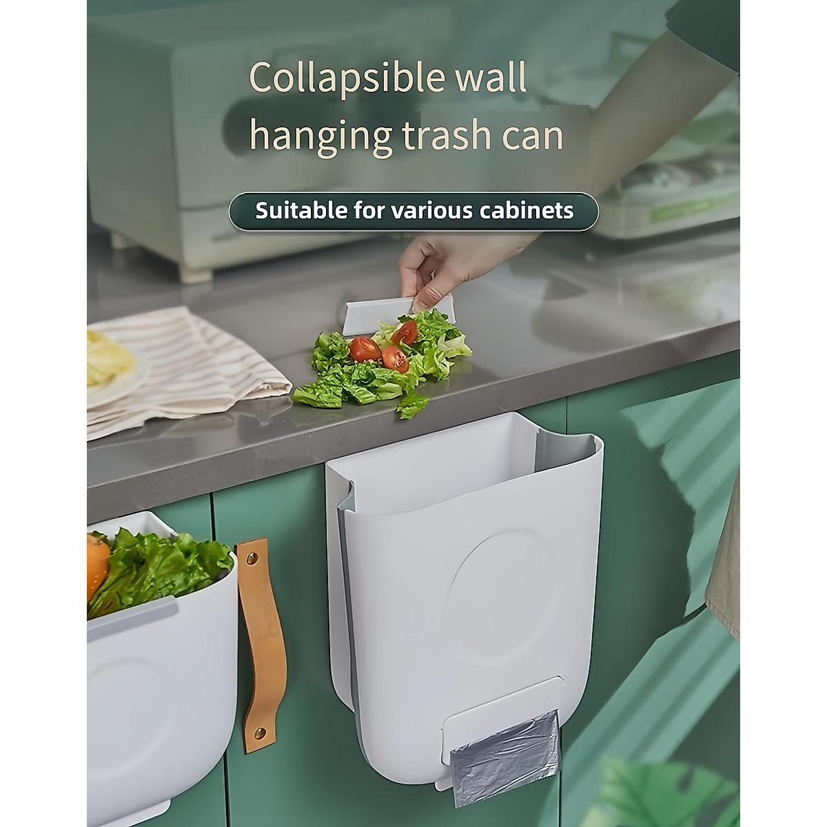AIWE7D 2.4 Gallon White Collapsible Trash Can for Kitchen Cabinet Doors, Holds 2.1 Gallons, Lightweight and Durable, Foldable Design Saves Space