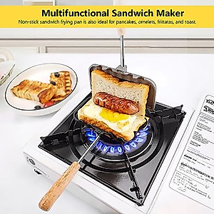 MINILIF Double-Sided Sandwich Baking Pan,Hot Sandwich Maker,Double Sided Frying Pan for Breakfast Omelets Pancakes, Frittata and Toast,Nonstick Sandwich Maker,Hot Dog Toaster(Long Handle)