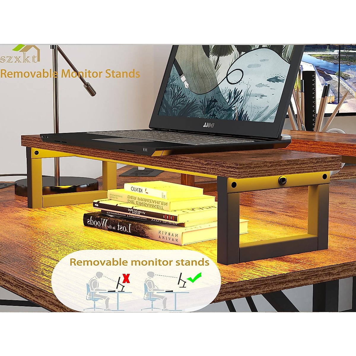 SZXKT L Shaped Gaming Desk with Power Outlets and Monitor Stand, Computer Desk with LED Lights,Home Office Desks Large Writing Study Table Workstation with Hooks Desk for Bedroom, Rustic Brown