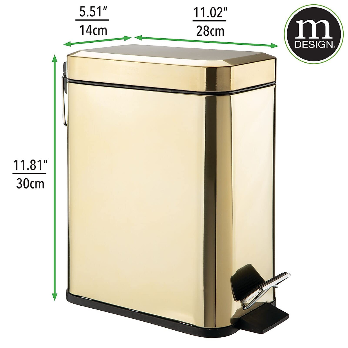 mDesign Small Modern 1.3 Gallon Rectangle Metal Lidded Step Trash Can, Compact Garbage Bin with Removable Liner Bucket and Handle for Bathroom, Kitchen, Craft Room, Office, Garage - Soft Brass