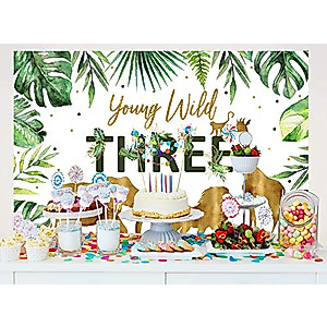Ticuenicoa Young Wild Three 3rd Birthday Backdrop Jungle Safari Animals Background for Photography Tropical Leaves Backdrops Third Birthday Party Decorations 3 Years Old Photo Booth Props 5x3ft