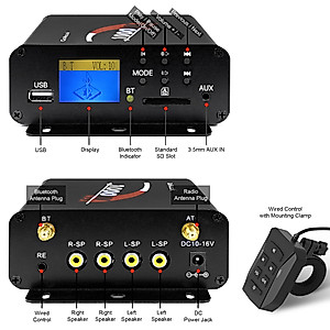 GoHawk TJ4-Q 1000W 4 Channel Amplifier 4" Full Range Waterproof Bluetooth Motorcycle Stereo Speakers Audio System AUX USB SD Radio for 1-1.5" Handlebar Harley Touring Cruiser ATV