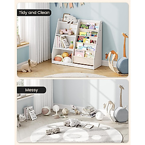 CHOEZON 4-Tier Kids Bookshelf and Toy Storage, 6 Layer Fabric Toddler Bookshelf, Kids Toy Storage Organizer, Sling Kids Bookcase, for Playroom, Bedroom, Nursery, Classroom, White MCW05WT