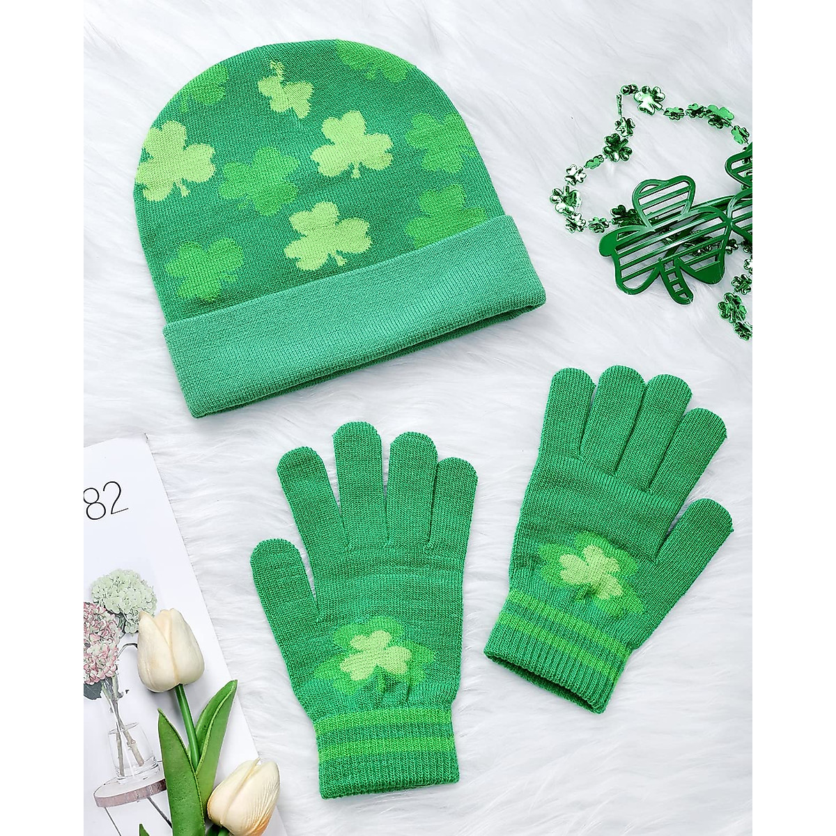 2PCS St Patrick's Day Beanie and Gloves Set Spring Green Shamrock Hat St Patricks Day Accessories Irish Knitted Hat Clover Glove for Women and Men Saints Beanie Gift