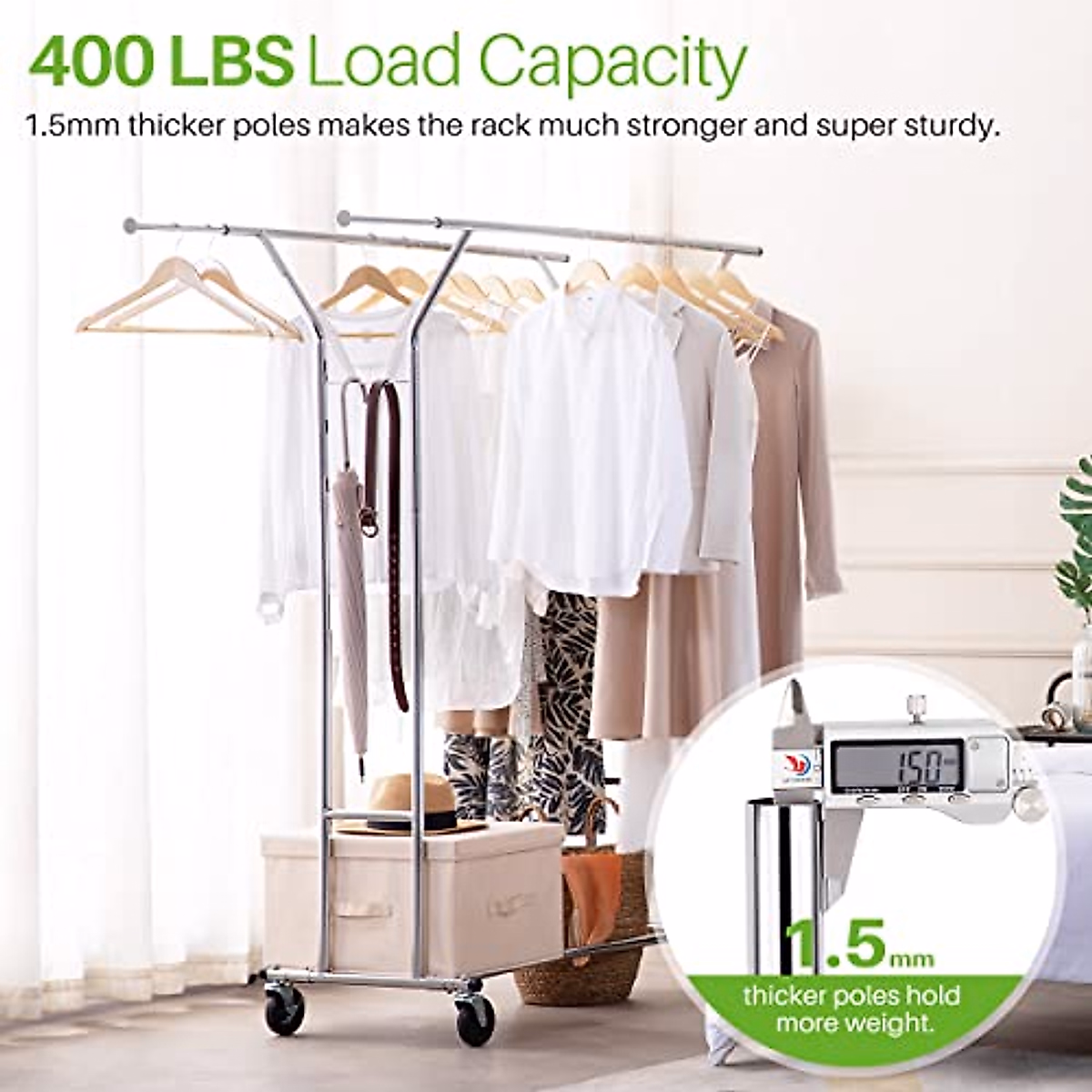 HOKEEPER 400 lbs Load Capacity Commercial Grade Clothing Garment Racks Heavy Duty Double Rails Adjustable Collapsible Rolling Clothes Rack on Wheels, Chrome Finish