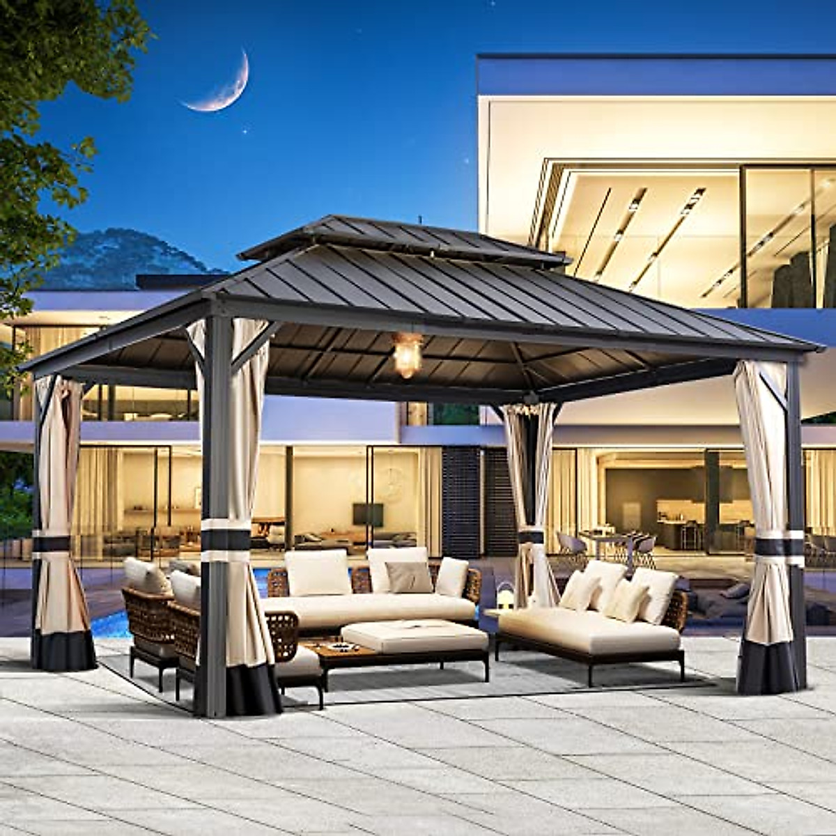 Warmally 12' x 16' Hardtop Gazebo, Outdoor Permanent Gazebo with Galvanized Steel Double Roof Canopy, Aluminum Frame Pavilion with Netting and Curtains for Patio, Deck, Backyard, Lawn and Gardens