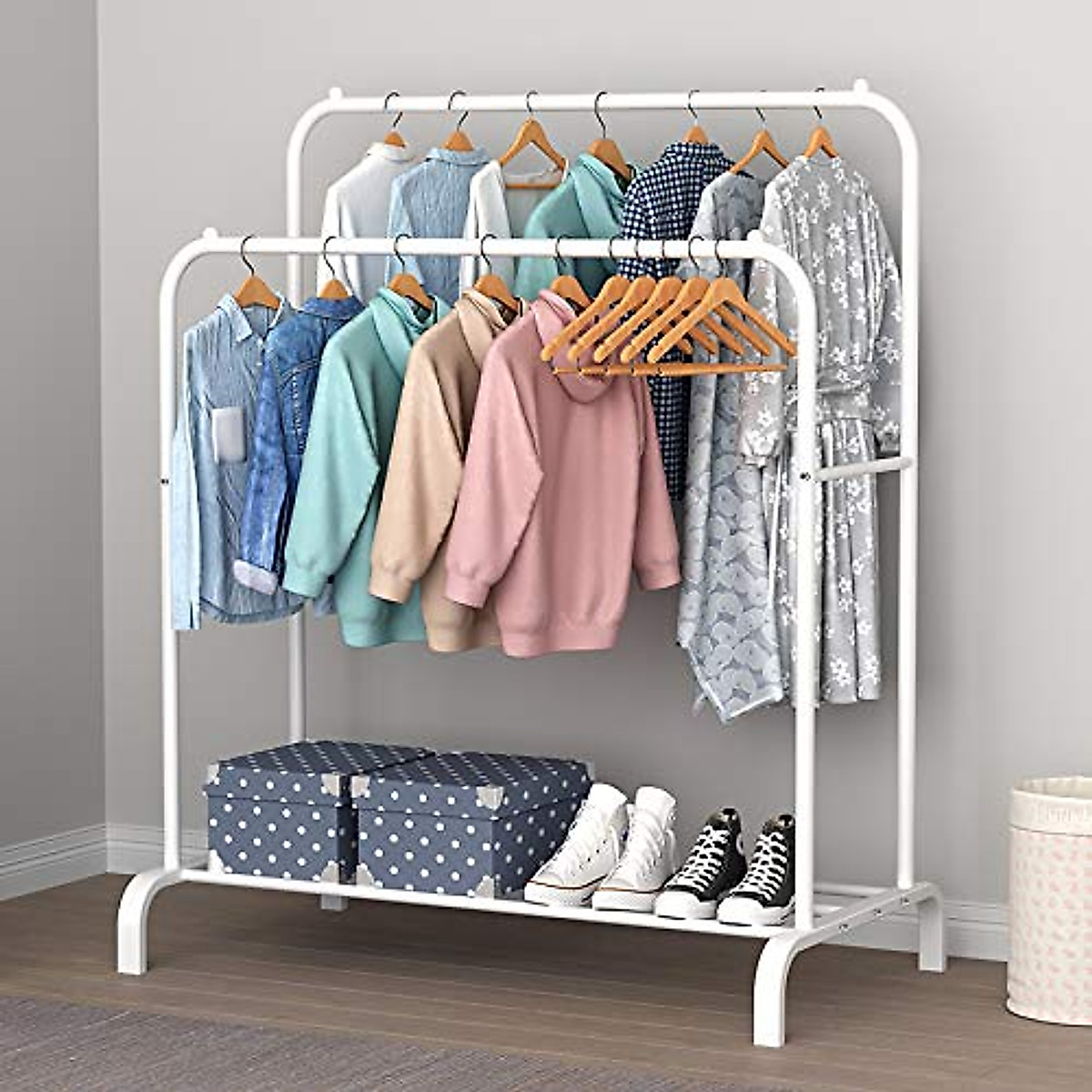 YAYI Clothes Rack Heavy Duty Clothes Rail Metal Garment Rail with Two Top Rod and Lower Storage,White