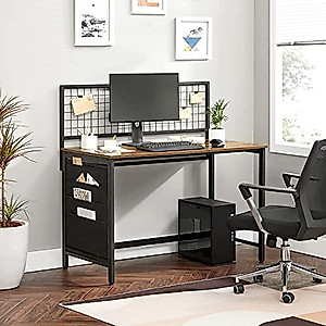 IULULU Computer Desk 47-Inch Home Office Writing Table with Grid Board, Modern Simple Study Workstation, Stable Metal Frame, Easy Assembly, Rustic Brown + Black