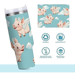 Wusikd Flying Piglets Tumbler Handle Lid and Straw Cute Water Bottle Stainless Steel Coffee Travel Tumbler Mug Cup Gifts for Men Women 30oz