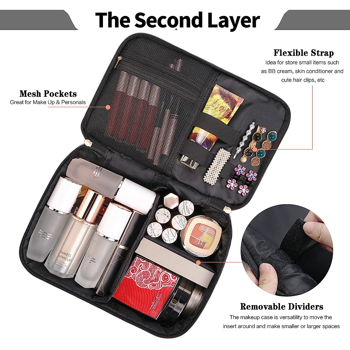 MAGEFY 2 PCS Travel Cosmetic Bags Leather Double Layer Organizer Clear Toiletry Bag Black Makeup Bags for Women Gifts with Adjustable Dividers