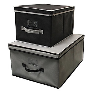 EarthWise Storage Bin Basket Box Collapsible Container Foldable Stackable Fold Flat Shelf Cabinet with Lid Cube Organizers (Set of 3) 1 Large 2 Medium (Black/Grey)