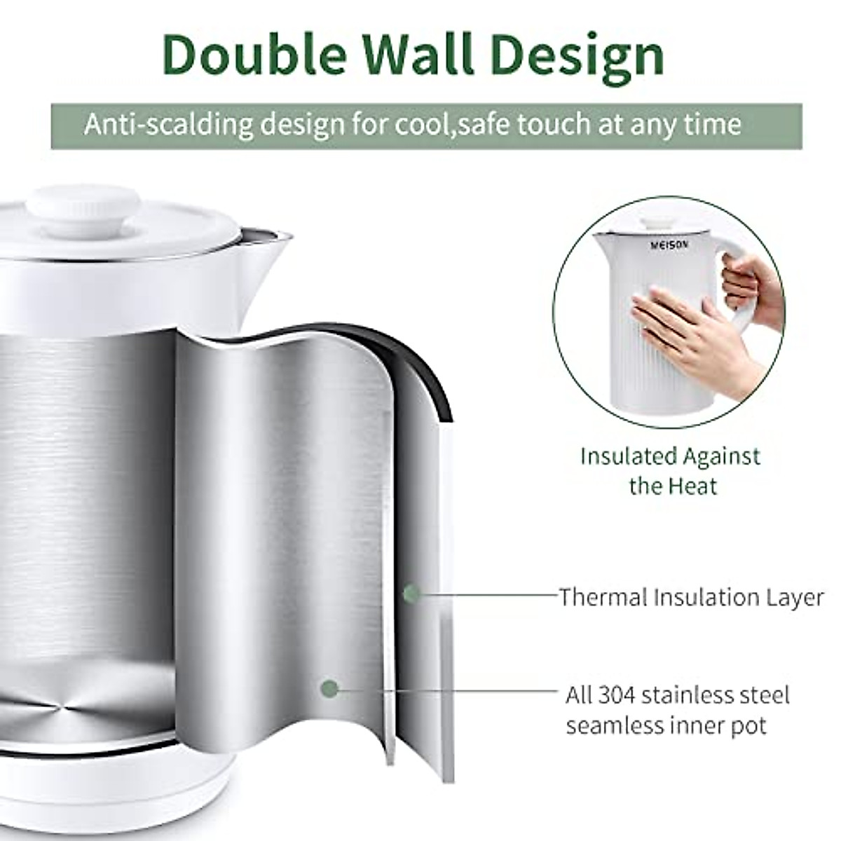 Electric Kettles Stainless Steel for Boiling Water, Double Wall Hot Water Boiler Heater, Cool Touch Electric Teapot, Auto Shut-Off & Boil-Dry Protection, 120V/1200W, 1.7 Liter, 2 Year Warranty(white)