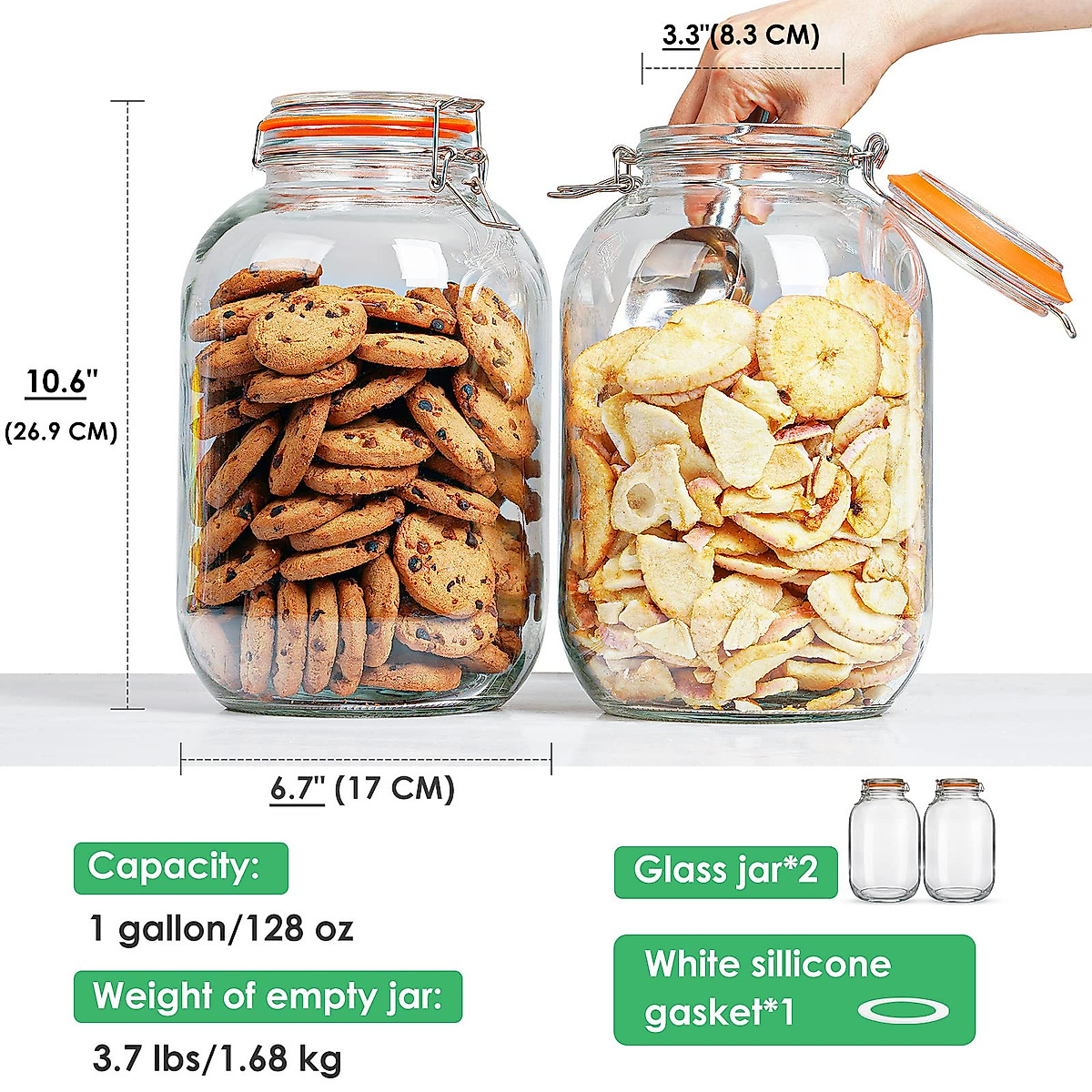 Qianfenie Glass Jars with Airtight Lids, 2 Pack - 1 Gallon Wide Mouth Storage Mason Jars with Hinged with 1 Replacement Silicone Gaskets for Fermenting, Canning, Preserving