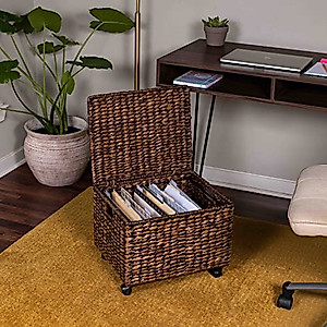 BIRDROCK HOME Rolling File Cabinet with Lid | Small Wooden Under Desk Organizer | Seagrass Basket with Wheels | Portable Home Office Filing System - Mini Decorative Box, Single Drawer, Brown Wash