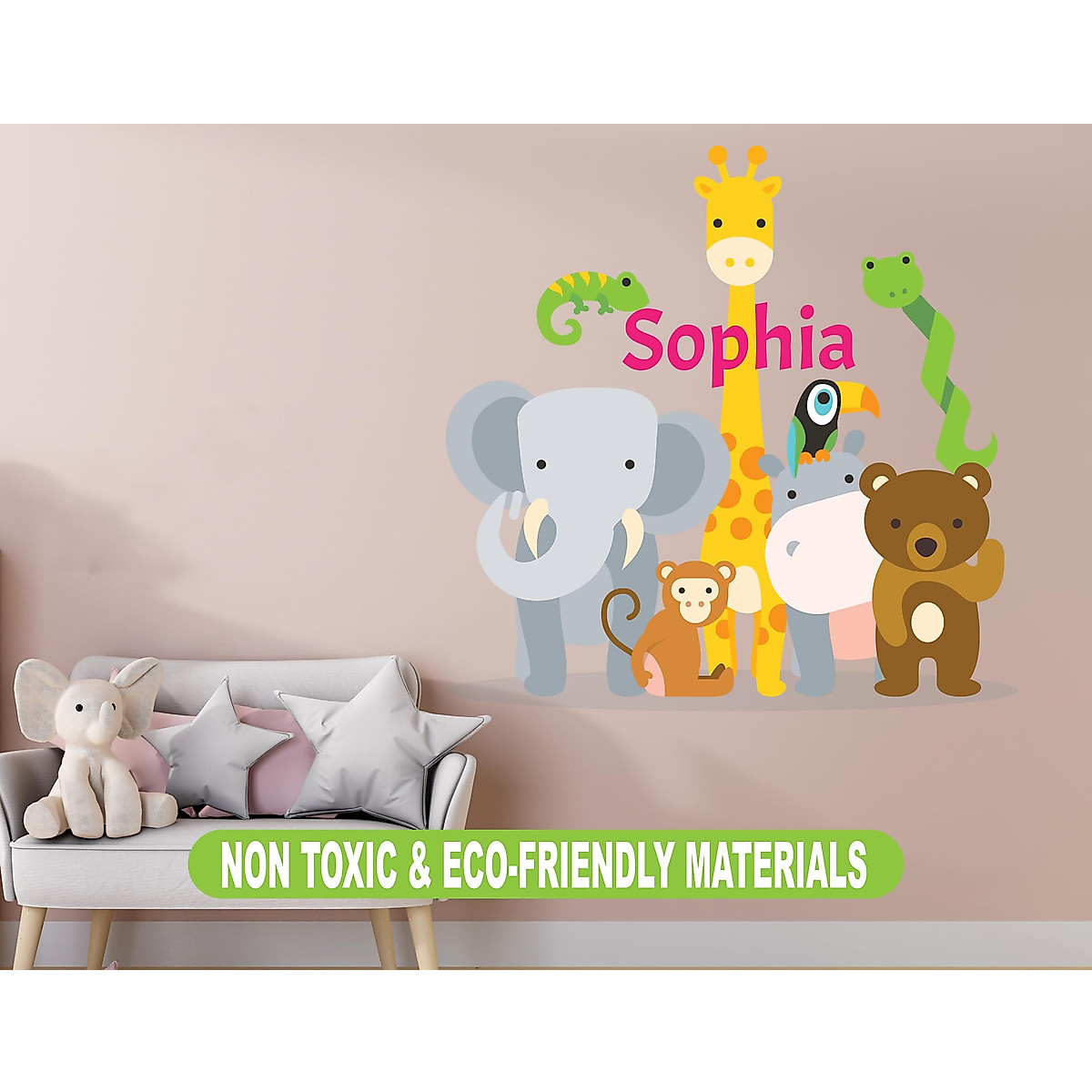 Custom Name Jungle Animals Wall Decal - Baby Safari Zoo Animals Series Theme Wall Art Decal - Wall Decal for Nursery Bedroom playroom Decoration (Wide 16"x16" Height)