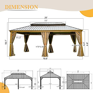 12’ x 20’ Hardtop Gazebo Outdoor Aluminum Wood Grain Gazebos with Galvanized Steel Double Canopy for Patios Deck Backyard,Curtains&Netting by domi outdoor living