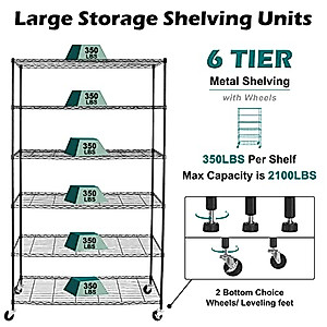 WDT NSF Certified Storage Shelves on Wheels, Heavy Duty Metal Shelves for Storage with Adjustable Stand, 6-Tier Wire Shelving Unit for Garage Pantry Kitchen Shelf Rack(17" W*47" D*80" H), Black