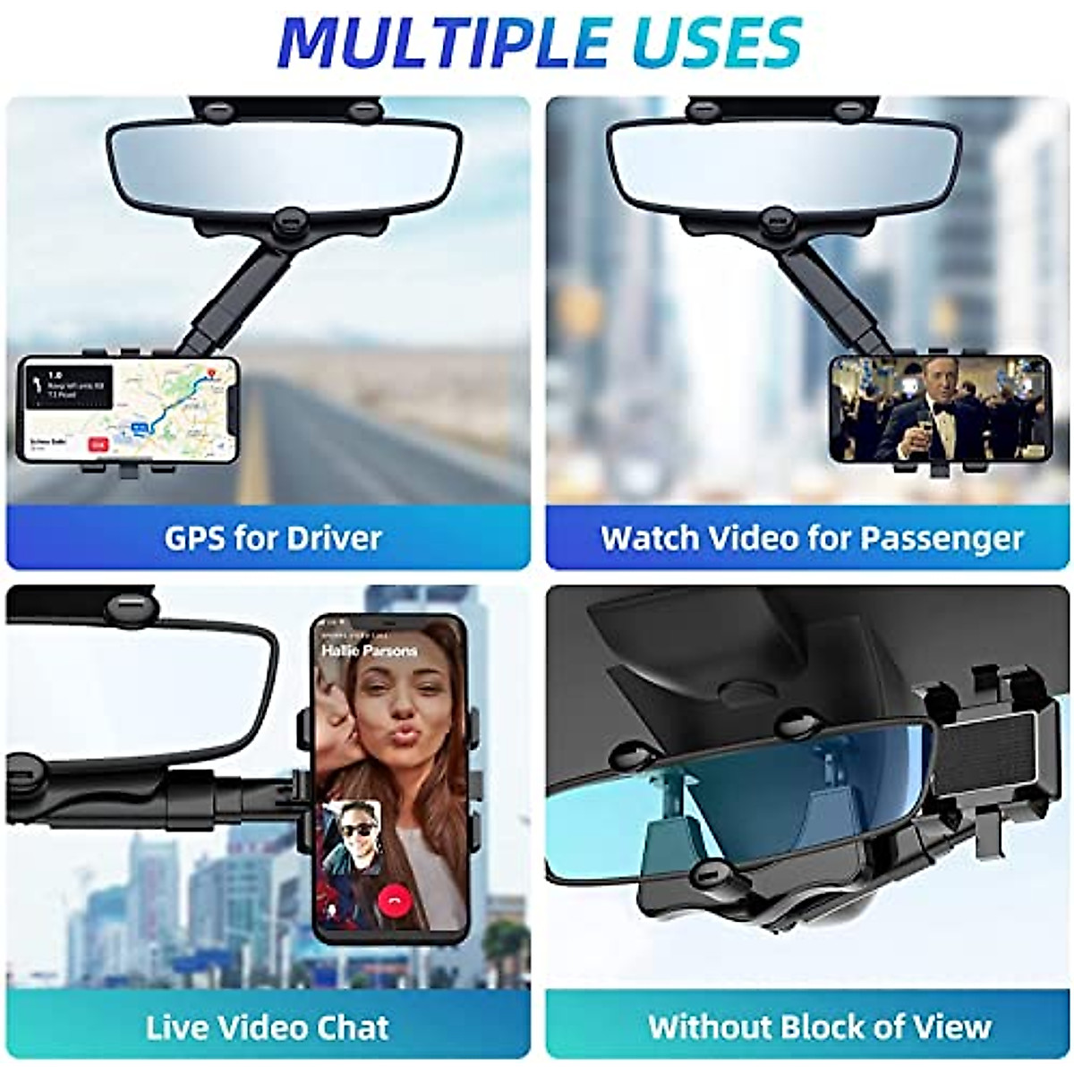 Rearview Mirror Car Phone Holder Mount,360° Rotatable and Retractable Universal Multifunctional Adjustable Rearview Mirror Phone Holder for Car and All Mobile Phones