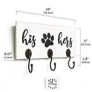 10 o'clock Decorative Key Holder & Dog Leash Hook Wall Mount for Entry Way, Kitchen, & Mudroom, His Hers & Paw Print Triple Hook, 10" x 5"