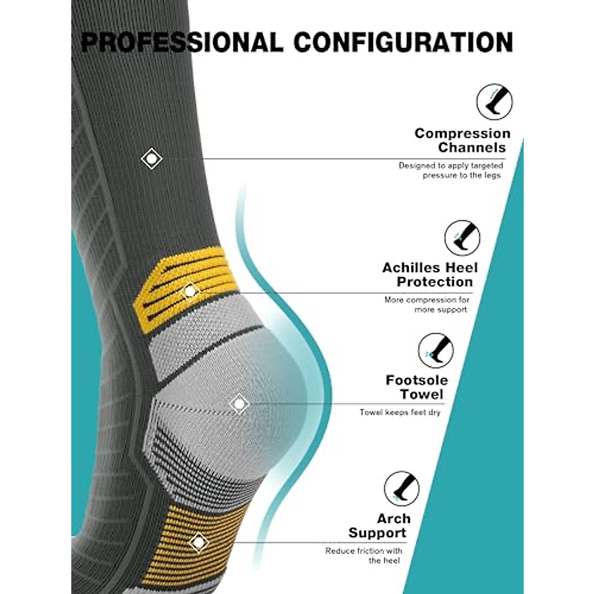 SONORAN 6 Pairs Compression Socks for Men & Women 20-30 mmHg Graduated Compression Socks Knee High Best Support for Running, Travel, Athletic L/XL（Gray Yellow）