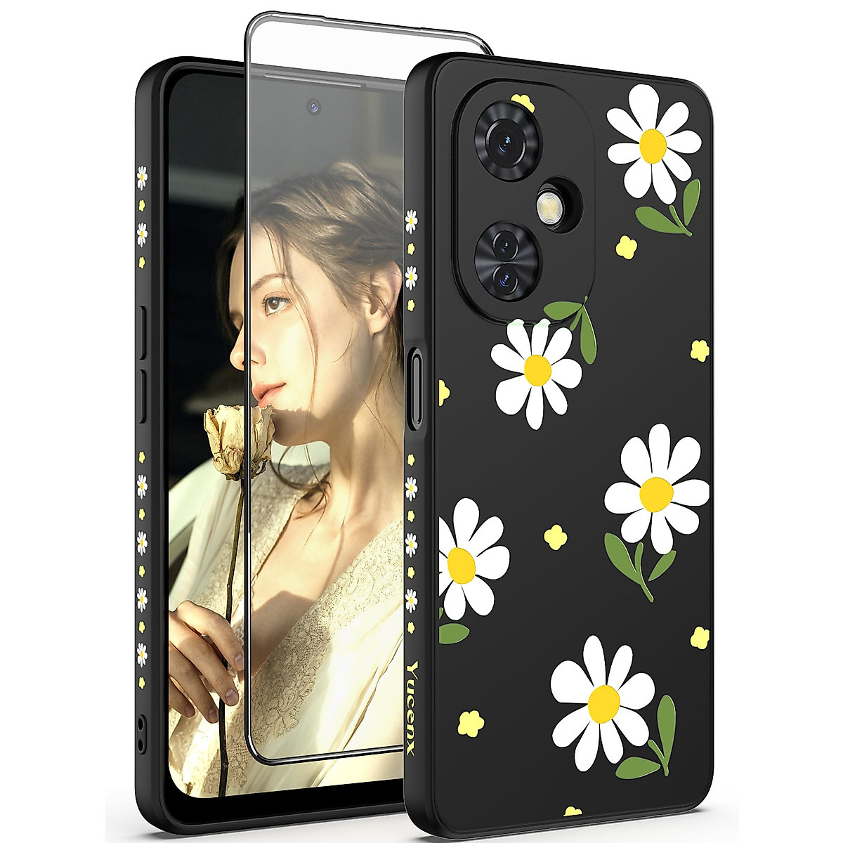 Yucenx for Oneplus Nord n30 5G Case, Girls Women Florals Liquid Silicone Phone Case, Shockproof Anti-Scratch Soft Protection Case with Screen Protectors for OnePlus Nord N30 5G (Black)