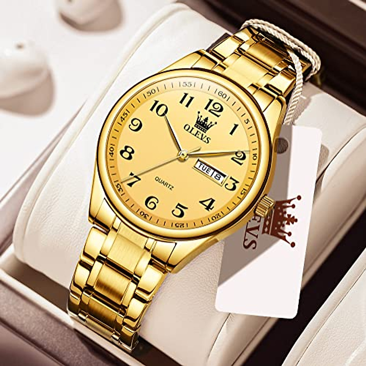 OLEVS Women's Gold Watches Small Wrist Quartz Watches for Women Yellow Gold Face Stainless Steel Bracelet Big Arabic Numerals Women Watches with Day and Date Casual Watches for Women Relojes De Mujer