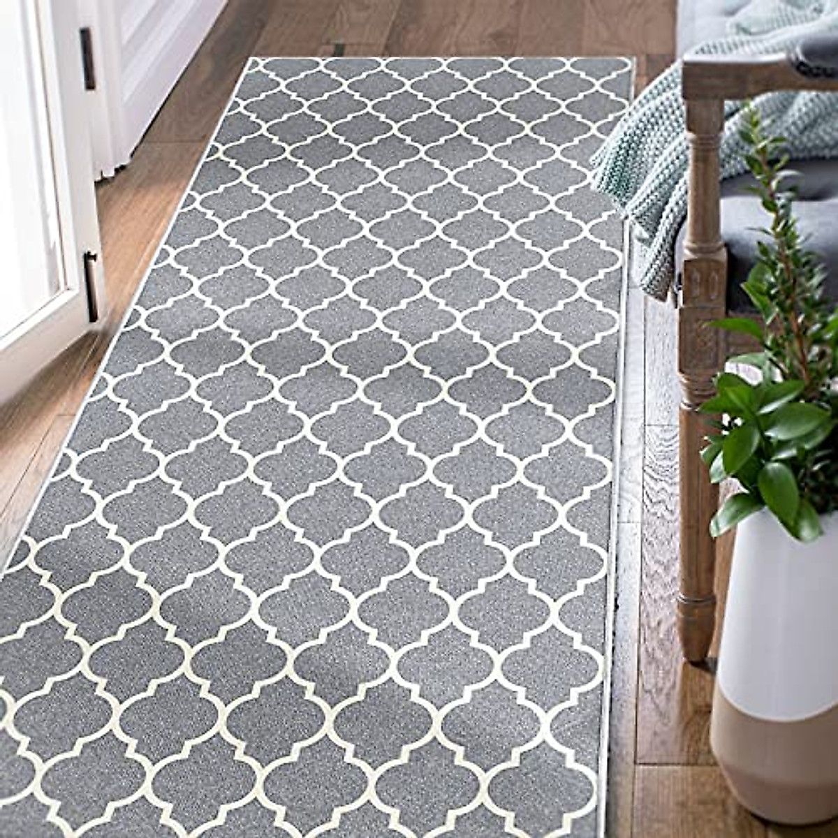 COLLACT Runner Rug 2x7 Area Rug Hallway Kitchen Rug Indoor Moroccan Rug Geometric Soft Mat Quatrefoil Trellis Non Slip Bathroom Rug Low Profile Floor Cover Living Room Dining Room Heathered Grey