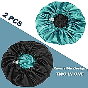 2Pack Satin Bonnet for Sleeping Silk Bonnet Hair Bonnets Cap, Double use Extra Large Double Layer Reversible Adjustable, Sleep Bonnet Used to Keep Hair Dry During Sleep. Green-Blue