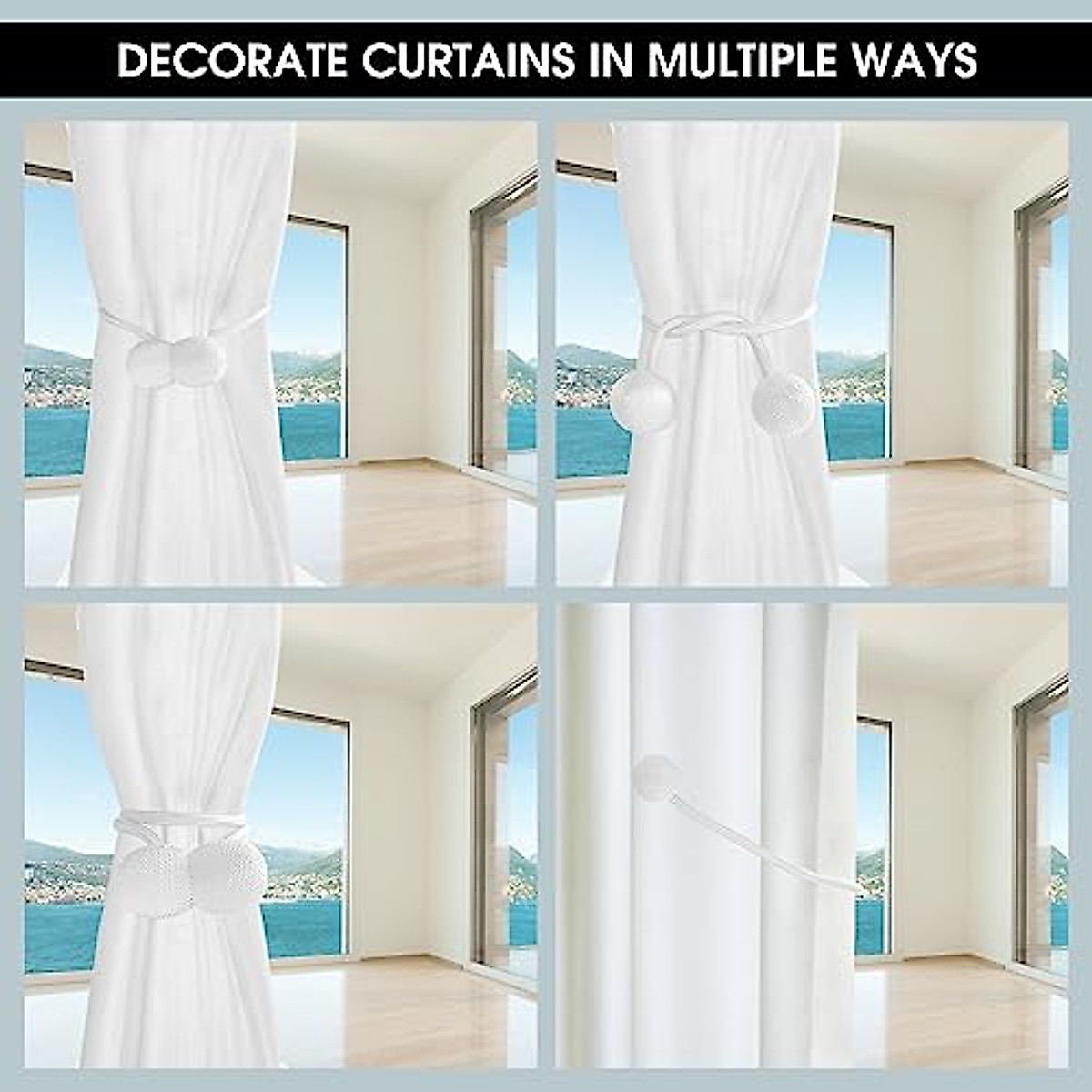 XIOTOTIEMPO Magnetic Curtain Tiebacks Biege 4 Pack, Curtain Tie Backs Holdbacks Holders Hooks Clip Buckles for Curtains Drapes, Curtain Ties for Home Bedroom Office Decorative Curtain(White)