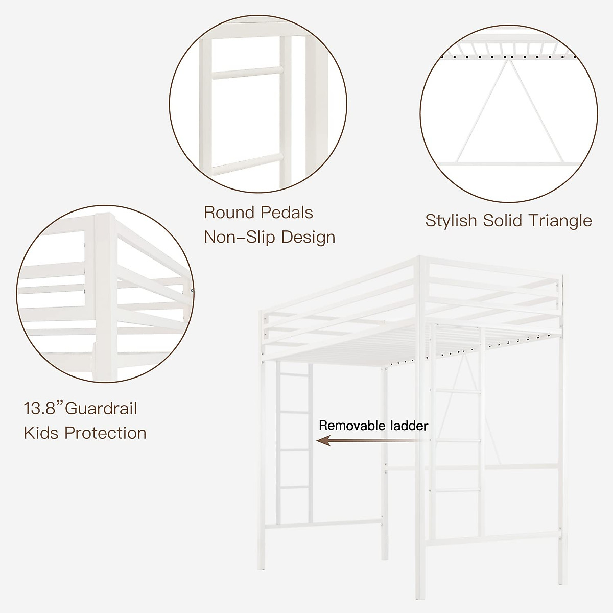 ikalido Twin Size Loft Bed, Multifunctional Metal Twin Bed with Safety Guard & Removable Ladder, Space-Saving Bed Frame for Small Bedroom, Matte White