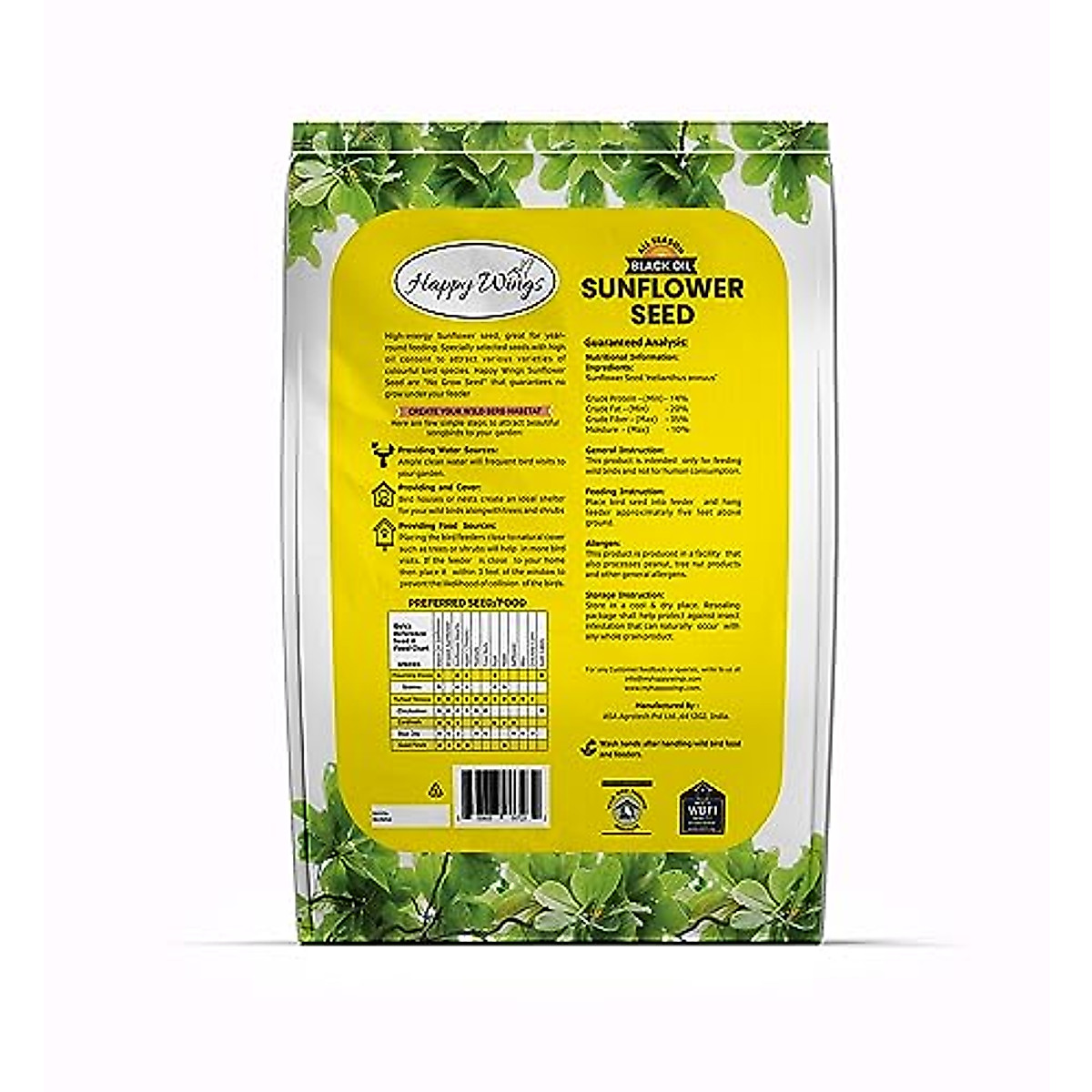 Happy Wings Black Oil Sunflower Seeds Wild Bird Food- 15 Pounds | No Grow Seed | Bird Seed for Wild Birds