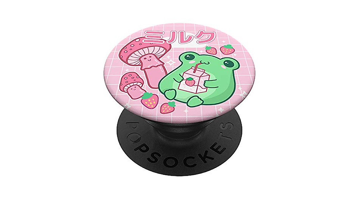Cute Cottagecore Frog PopSocket with Strawberry Milk Design