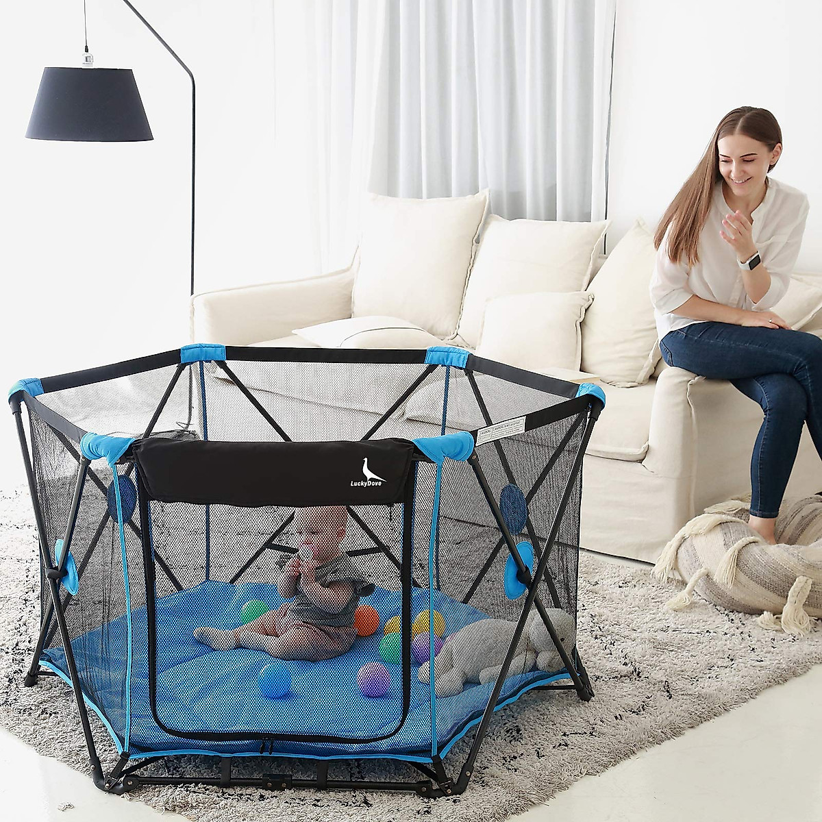 LuckyDove Portable Playpen for Innfants and Toddlers,Portable Play Yard for Baby with Padded Floor,Kids Activity Centre,Baby PlayPen with Carrying Bag,Washable,Foldable.Size:53"Wx 30"H(Blue)